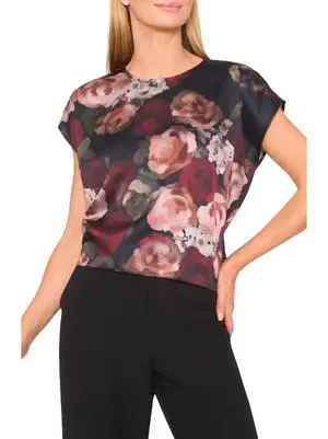Halogen Floral Cap-sleeve Top - Rich Black