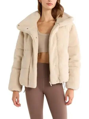 Zella Faux Shearling Cropped Puffer Jacket - Beige Seashore