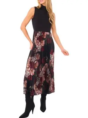 Halogen Floral Mixed Media Sleeveless Midi Dress - Rich Black