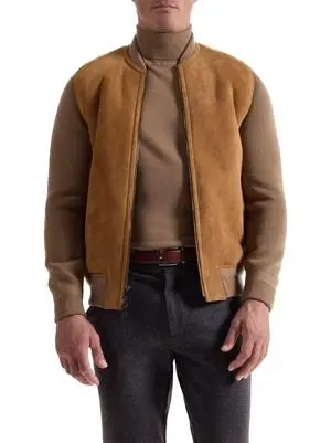 Bugatchi Shearling And Merino Wool Rib Bomber Jacket - Tan
