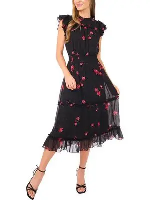 CECE DUPRAZ Floral Flutter Sleeve Smocked Midi Dress - Rich Black