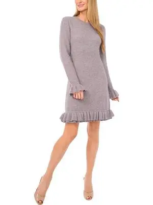 CECE DUPRAZ Ruffle Trim Long Sleeve Sweater Mini Dress - Medium Heather Grey