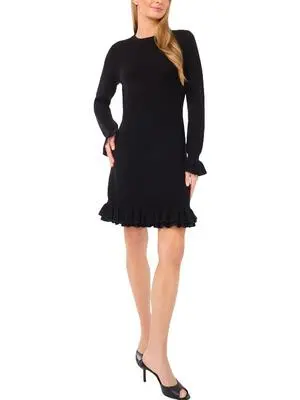 CECE DUPRAZ Ruffle Trim Long Sleeve Sweater Mini Dress - Rich Black
