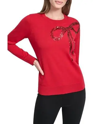 Dkny Sequin Bow Embellished Crewneck Sweater - City Crimson