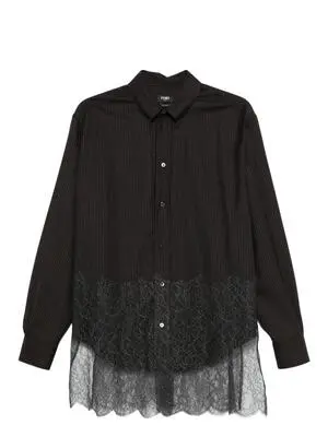 Fendi Black Pinstriped Wool Shirt With Lace - Brown