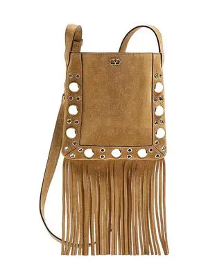 Valentino Garavani Nellcote Small Vlogo Fringe Suede Crossbody Bag - Beige