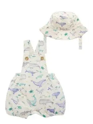PUREBABY Short Leg Overall & Hat Set - Whale Print
