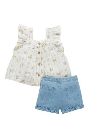 PUREBABY Floral Top And Denim Shorts Set - Nautical Floral
