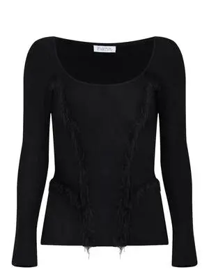 GLORIA COELHO Frayed-detail Scoop-neck Top - Black
