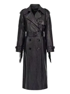 Roberto Cavalli Fringed Leather Trench Coat - Black