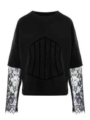 HAMZA Lace Sleeve Panelled Top - Black