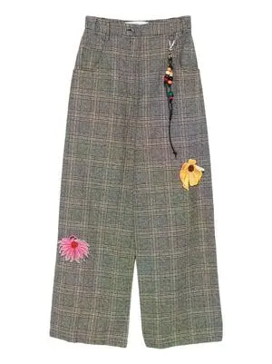 SONG FOR THE MUTE Checked Trousers With Floral Appliqu - Brown