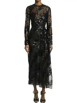 Elie Saab Sequined Long-sleeve Midi Dress - Black