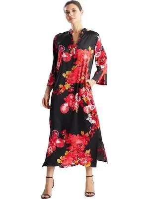 Natori Empress Printed Satin Mandarin Caftan - Black