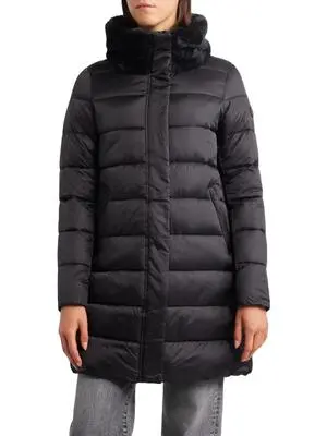 SAVE THE DUCK Dalea Longline Puffer Jacket With Faux Fur Collar - Black