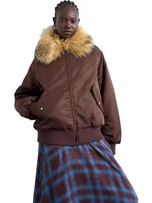 Topshop Nylon Bomber Jacket With Faux Fur Collar - Brown