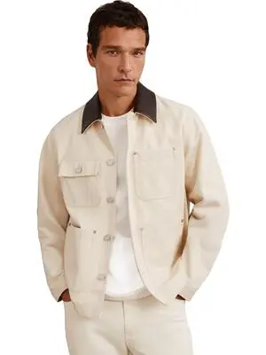 REISS Denim Worker Jacket With Leather-collar - Off White