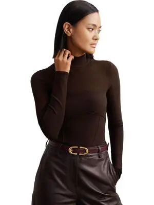 REISS Sofia Mesh Funnel-neck Knit Top - Chocolate Brown