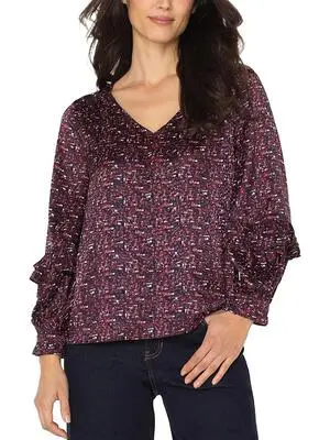 LIVERPOOL Ruffled Sleeve V-neck Top - Burgundy Multi