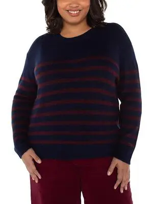 LIVERPOOL Stripe Long Sleeve Drop Shoulder Sweater - Burgundy/ Navy Stripe