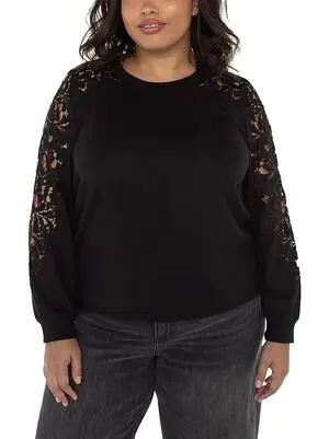 LIVERPOOL Lace Sleeve Crewneck Top - Black