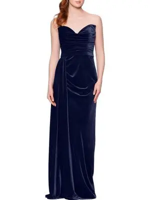 BLONDIE NITES Drape Strapless Velvet Gown - Navy