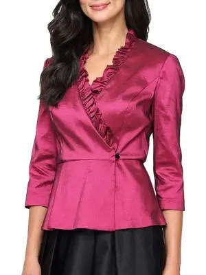 Alex Evenings Stretch Taffeta Faux Wrap Peplum Top Dark Fuschia