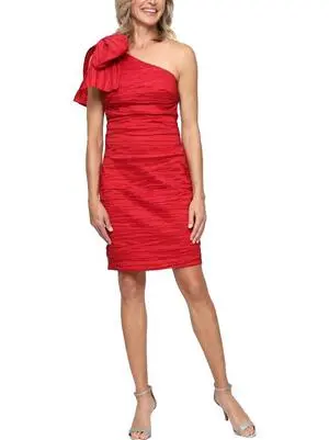 Alex Evenings Bow Crinkle One-shoulder Cocktail Dress - Red