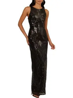 Adrianna Papell Sequin Column Gown - Black/gunmetal