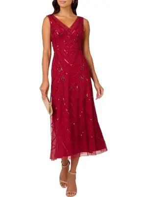Adrianna Papell Embellished Mesh Cocktail Dress - Cranberry
