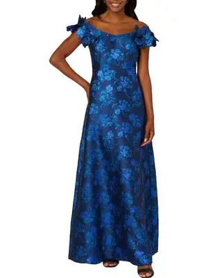 Adrianna Papell Metallic Floral Off-the-shoulder Gown - Navy/blue Multi