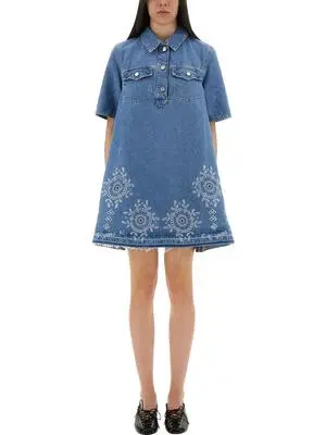 GANNI Mini Dress With Sangallo Embroidery - Denim