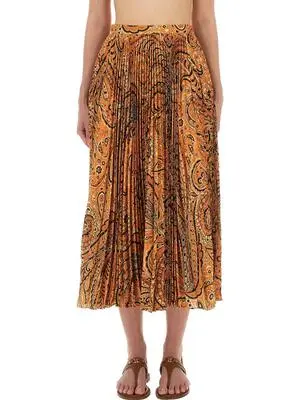 Etro Pleated Sablé Printed Skirt - Orange