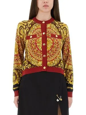 Versace Baroque Silk Knit Cardigan - Red