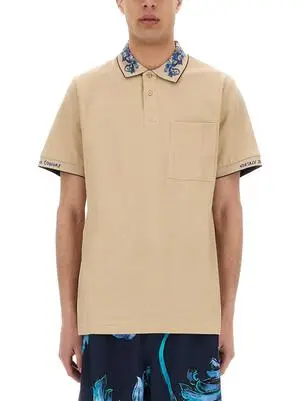 Versace Polo Shirt With Baroque Outline Collar - Beige