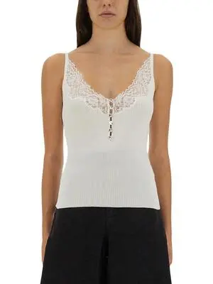 SELF-PORTRAIT Ribbed Knit Top With Lace - White
