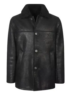 STEWART Shearling Collar Leather Jacket - Black