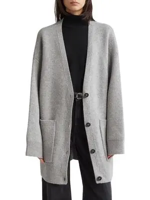 TOTÊME Longline Stretch Cashmere & Wool Cardigan - Pale Grey Mlange