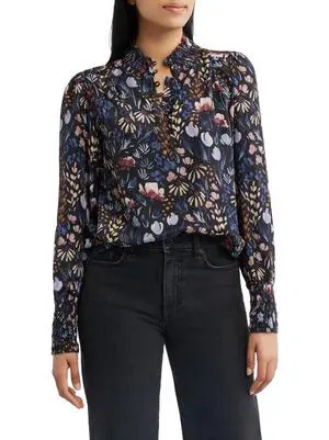 APNY Floral Print Smocked Cuff Long Sleeve Top Black/blue Multi
