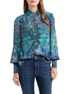 APNY Floral Print Smocked Cuff Long Sleeve Top - Dark Turquoise