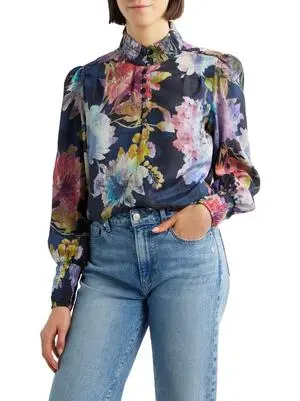 APNY Floral Print Smocked Cuff Long Sleeve Top - Navy Multi