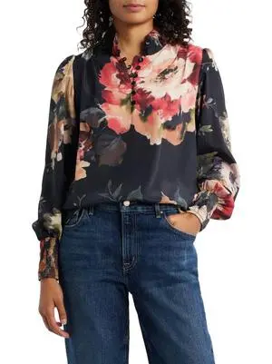 APNY Floral Print Smocked Cuff Long Sleeve Top Red Multi