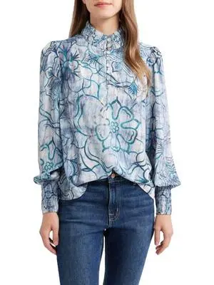 APNY Floral Print Smocked Cuff Long Sleeve Top - Turquoise Multi