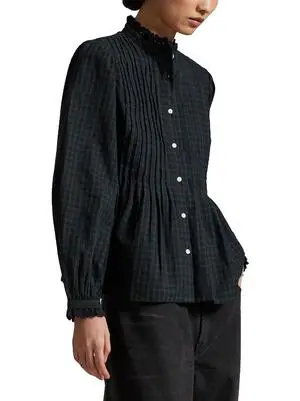 Ralph Lauren Plaid Peplum Button-up Shirt - Navy-dark Green