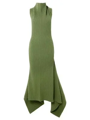 Victoria Beckham Asymmetric Gathered Ribbed Wool-blend Midi Dress - Green