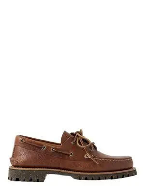 YUKETEN Hex Eye Pebble-grain Leather Boat Shoes - Brown