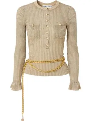 SELF-PORTRAIT Belted Ruffled Metallic Ribbed-knit Top - Gold