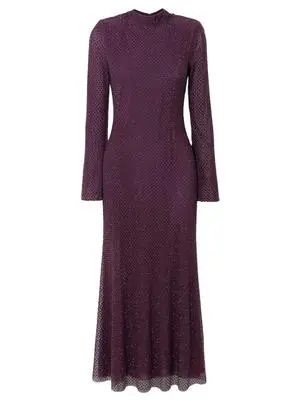 SELF-PORTRAIT Crystal-embellished Fishnet Turtleneck Midi Dress - Burgundy