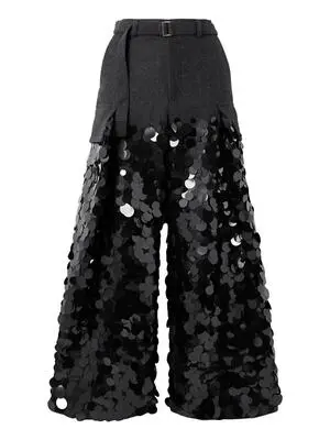 Sacai Sequined Wool Wide-leg Cargo Pants - Gray