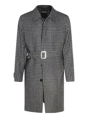 Zegna Belted Houndstooth Overcoat - Grey